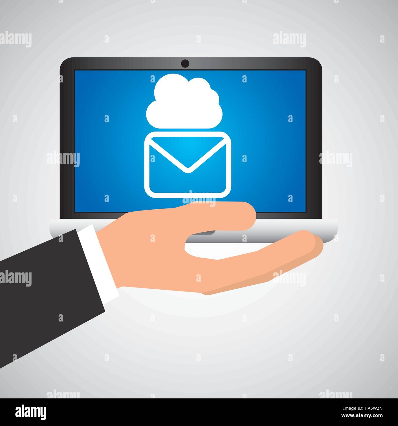 man hand holds laptop mobile email cloud social media vector ...