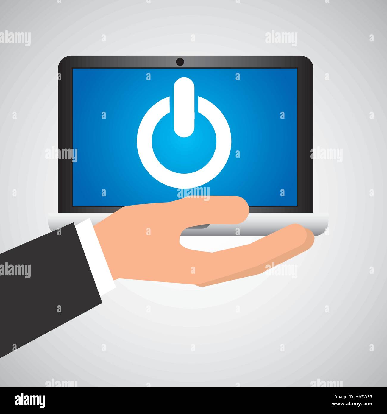 man hand holds laptop mobile power button media vector illustration ...