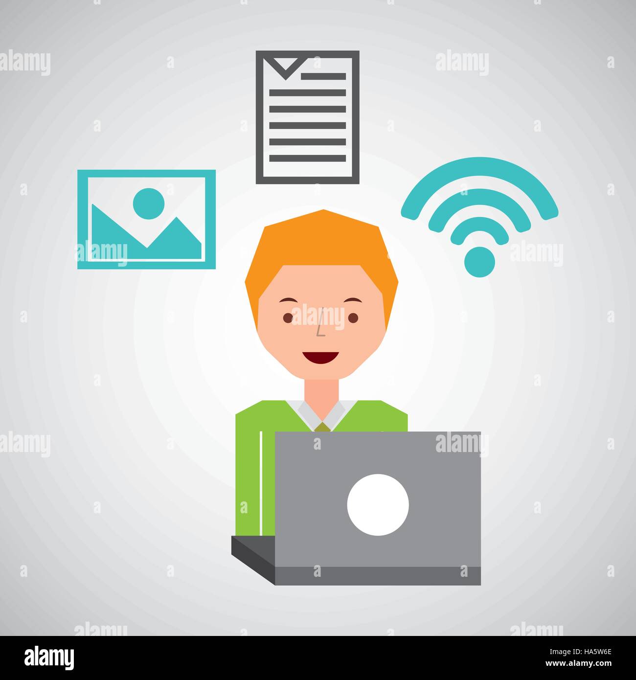young guy using laptop image document connection vector illustration ...