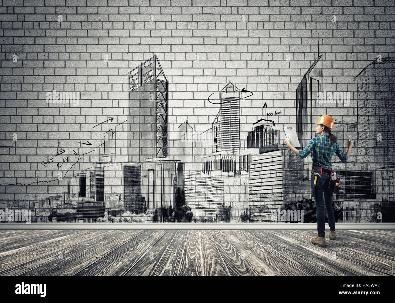 Back view of engineer woman with folder and sketches of construction ...