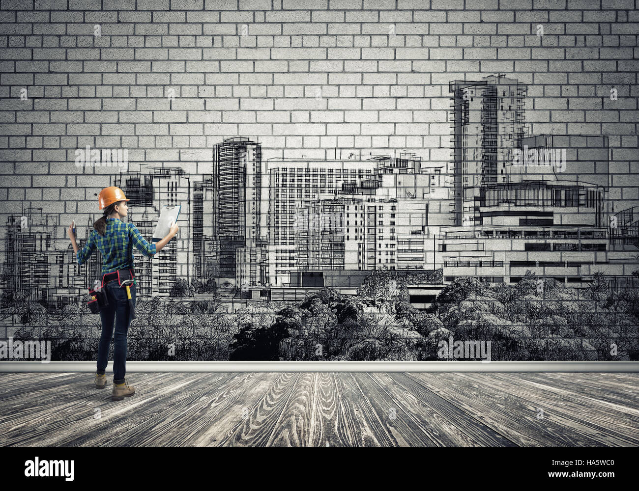 Back view of engineer woman with folder and sketches of construction ...