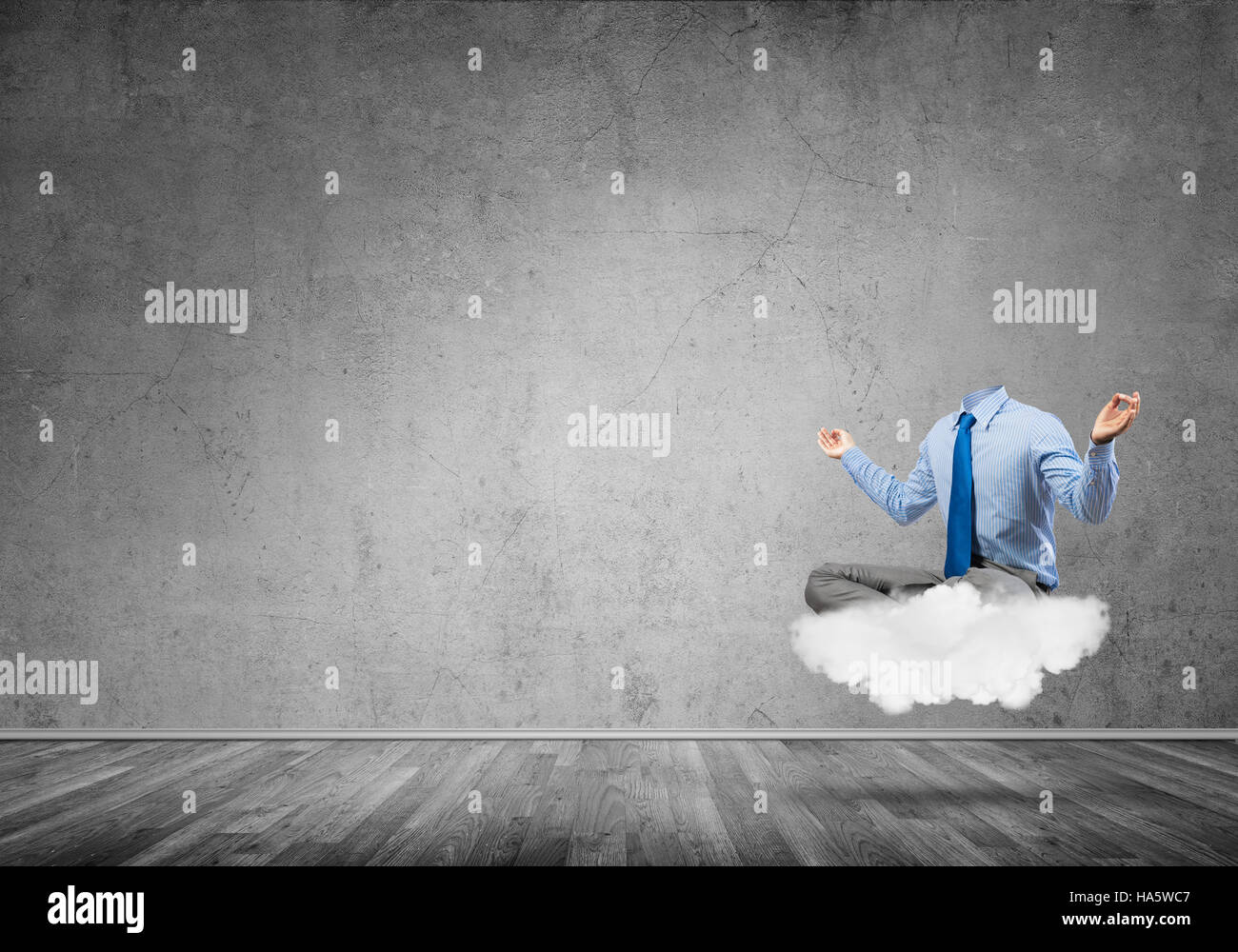 Headless businessman sitting on cloud in lotus pose and meditating ...