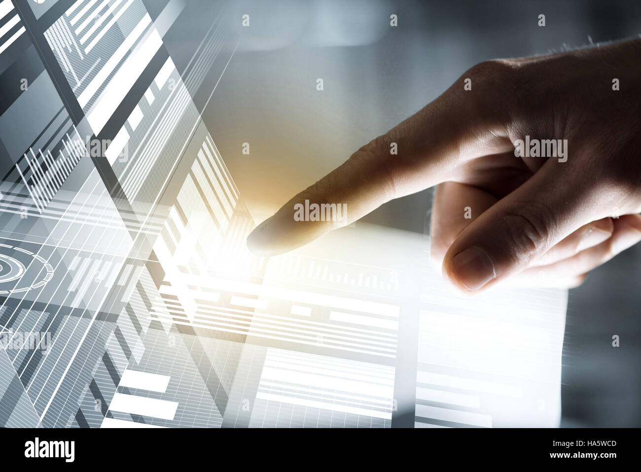 Businessman hand touching with finger virtual panel with infographs ...