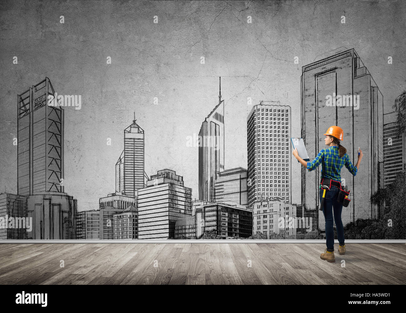 Back view of engineer woman with folder and sketches of construction ...