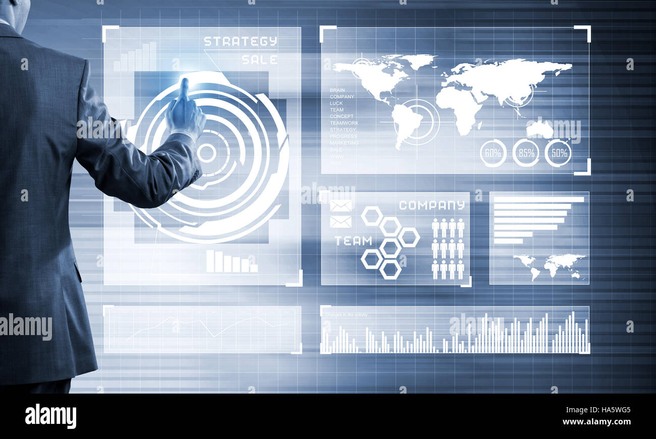Back view of businessman working with virtual panel Stock Photo - Alamy
