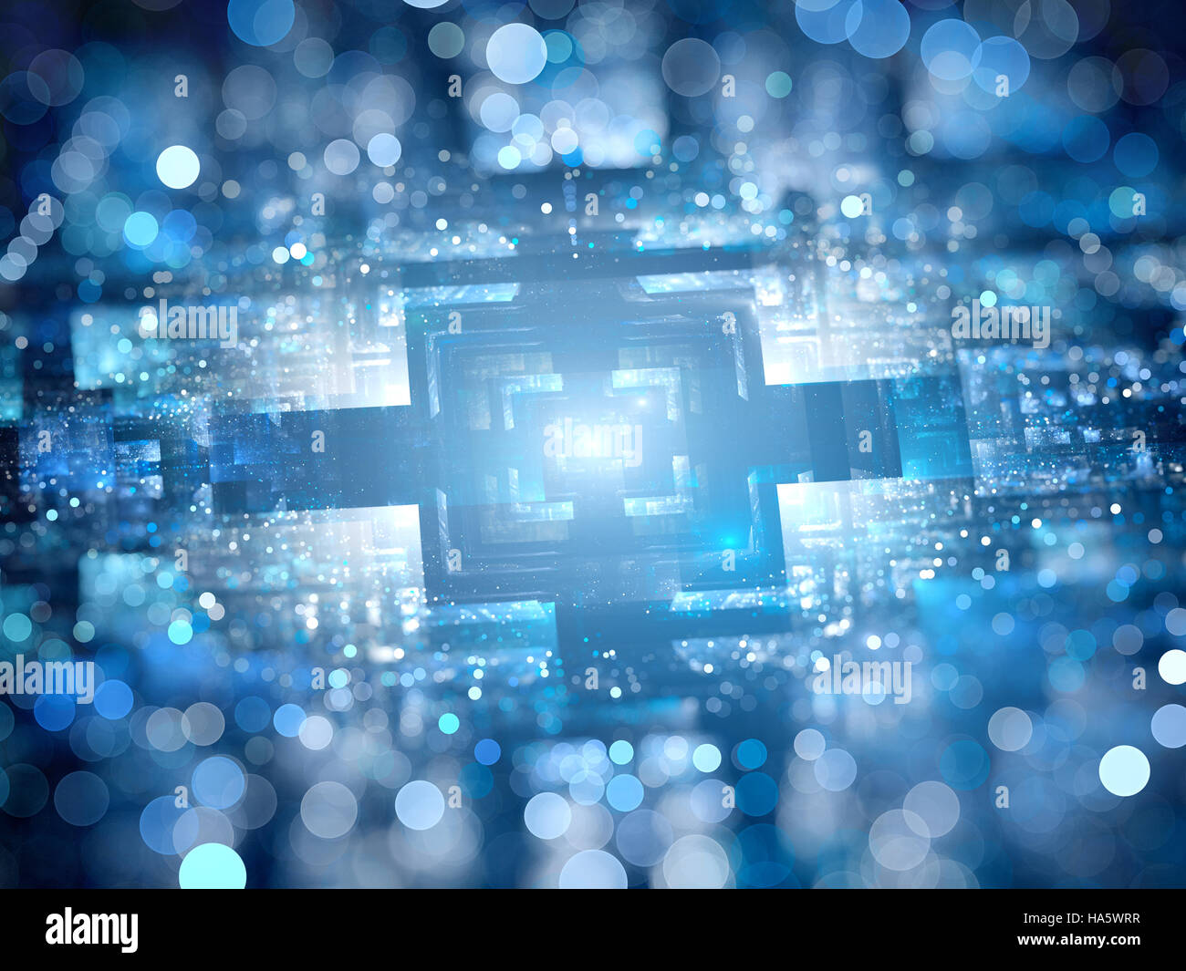 Blue glowing innovated hardware in space with particles, computer ...