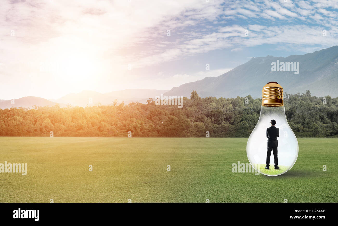 Businessman inside light bulb Stock Photo - Alamy