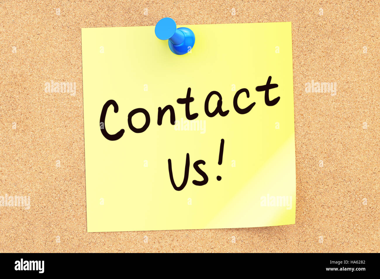 Contact us text on a sticky note pinned to a corkboard. 3D rendering ...