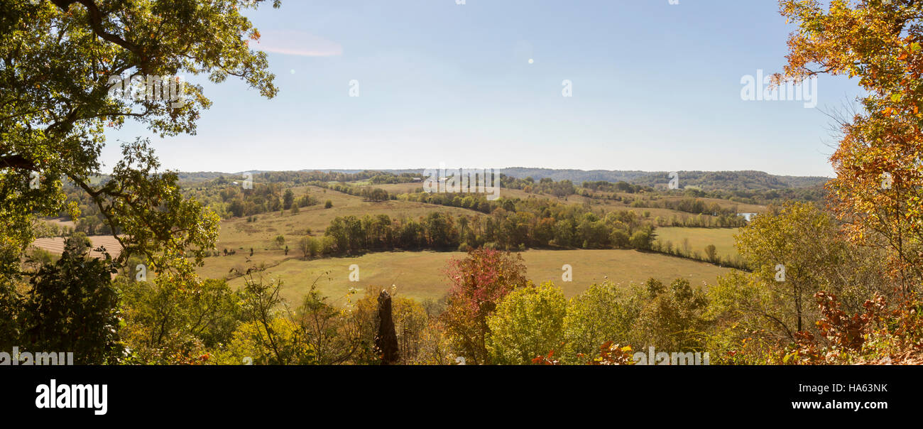 Overlook of rural Tennessee countryside in fall from Baker Bluff ...