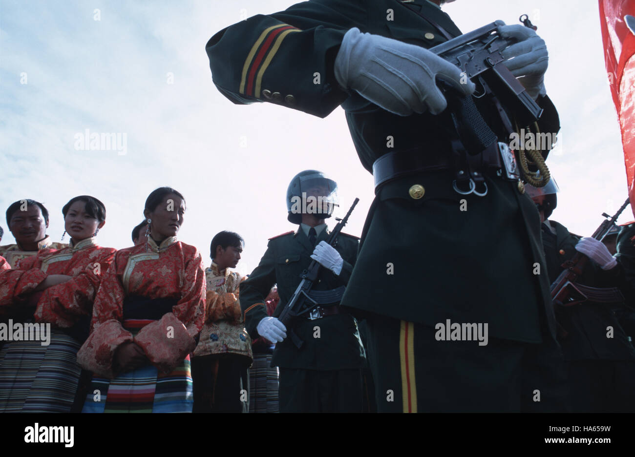 Caption: Litang, Sichuan, China - Aug 2003. Riot police stand guard at ...