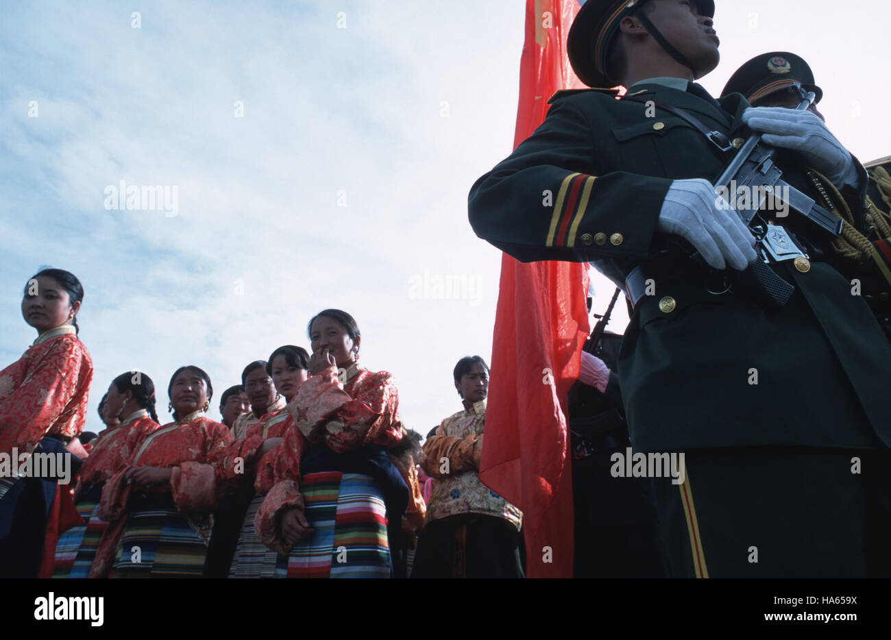Caption: Litang, Sichuan, China - Aug 2003. Riot police stand guard at ...