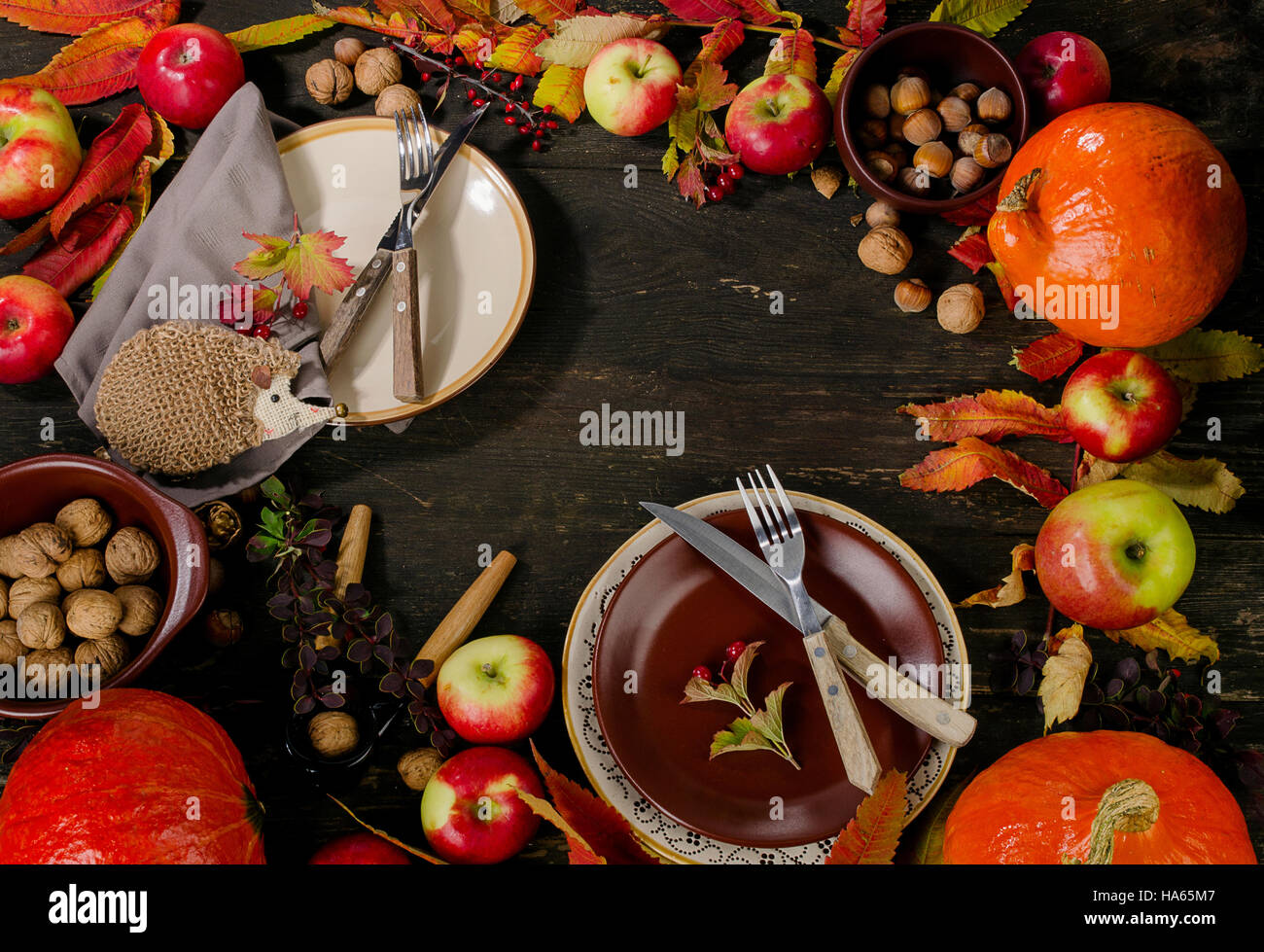 Autumn table setting with fruits and nuts. Flat lay Stock Photo - Alamy