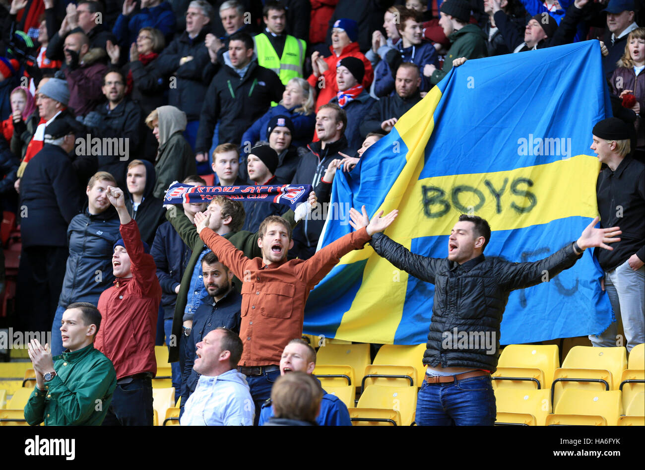 Stoke City fans celebrate after the final whistle during the Premier ...