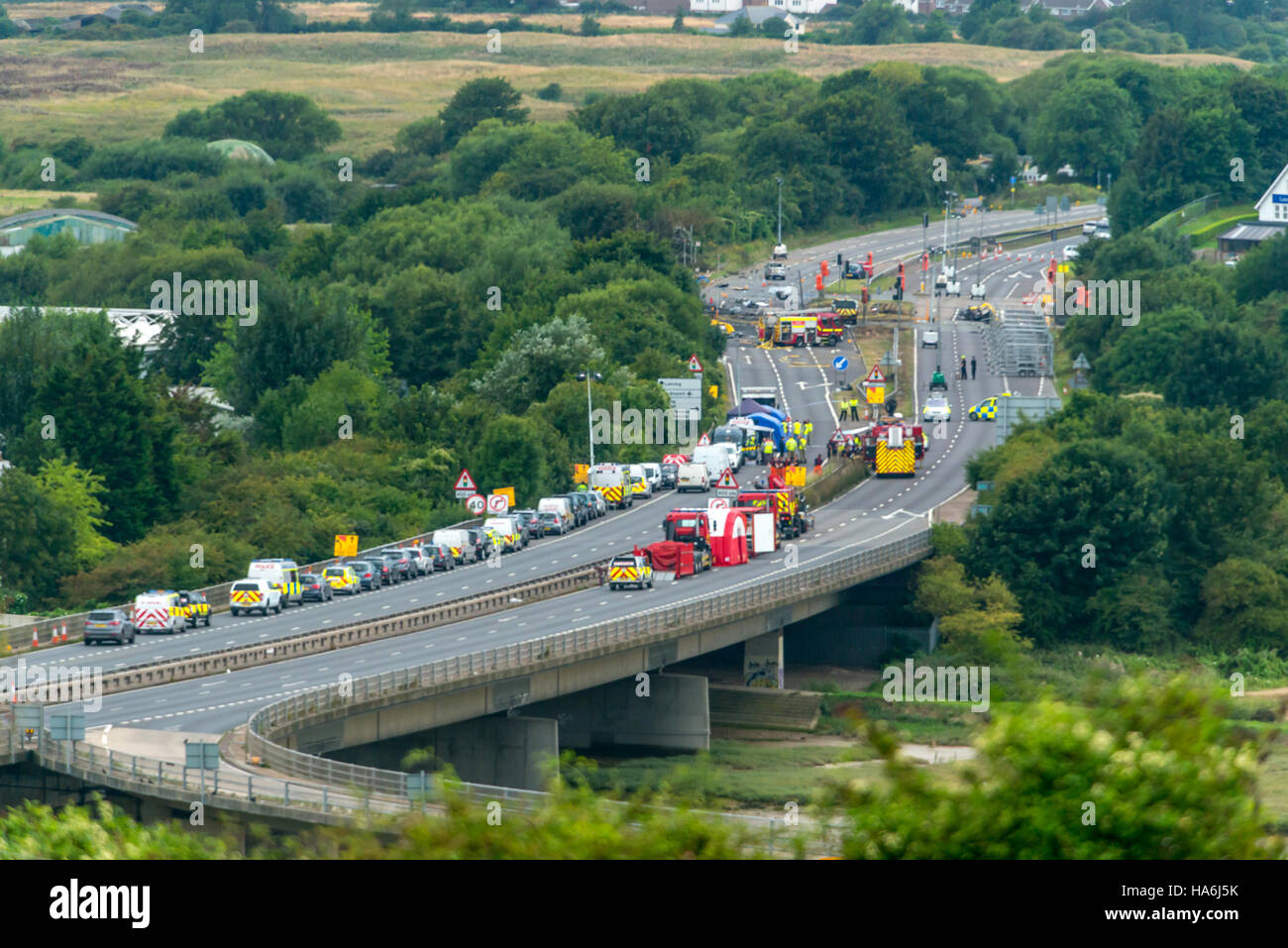 The scene on the A27 after the Shoreham air disaster Stock Photo - Alamy