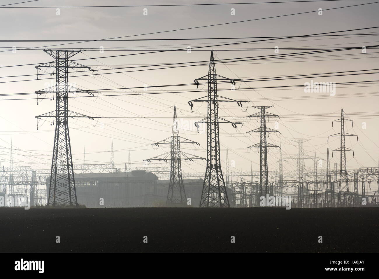 Distribution power station with electricity pylons Stock Photo - Alamy