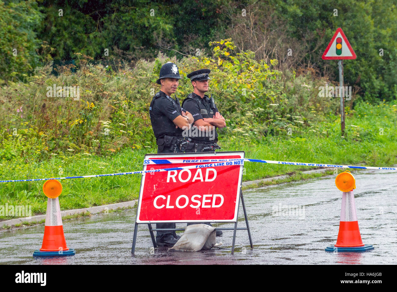 Police guard access to the A27 after the Shoreham air disaster Stock ...