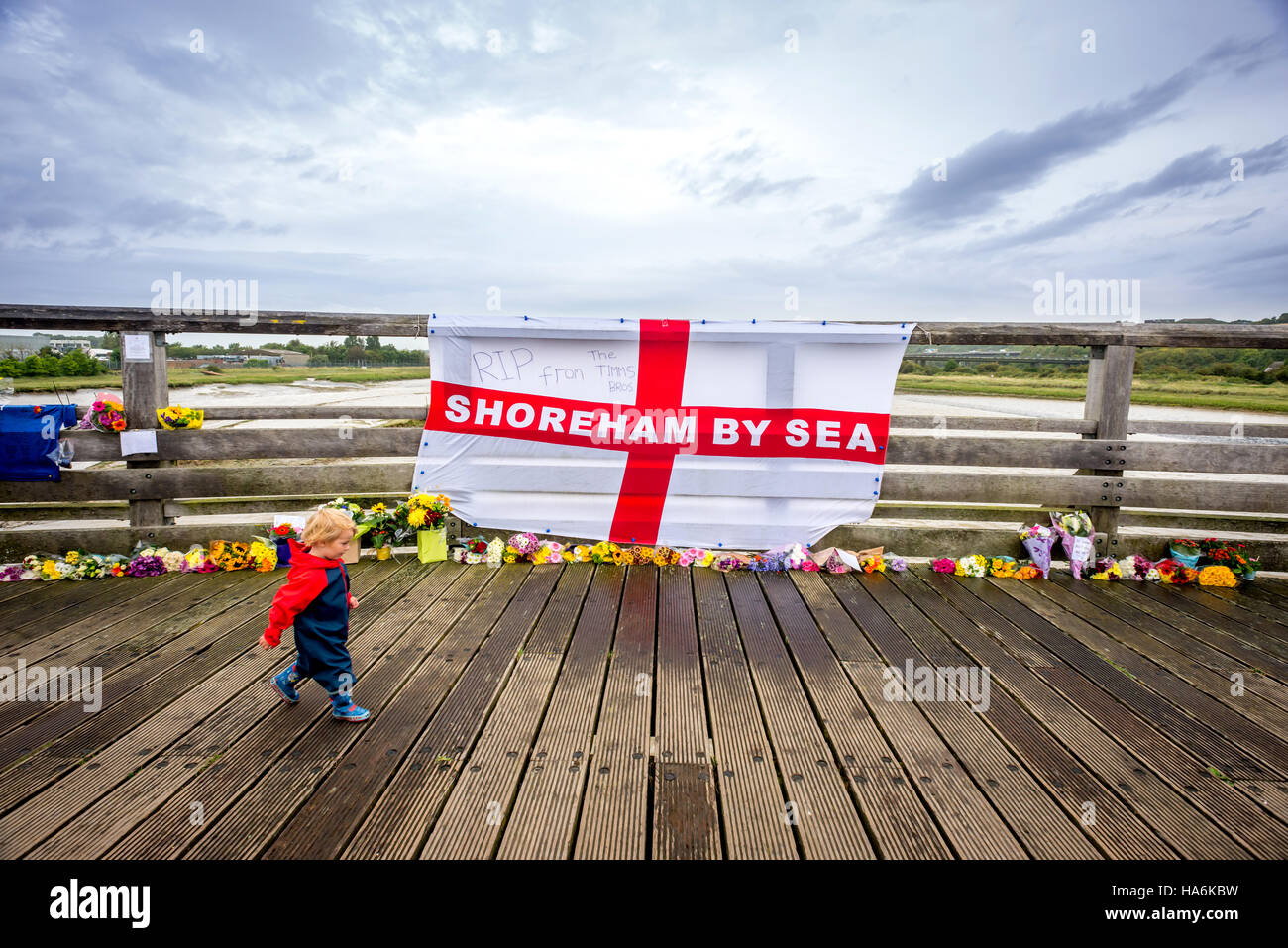 The scene on Shoreham Old Toll Bridge after the Shoreham air disaster ...