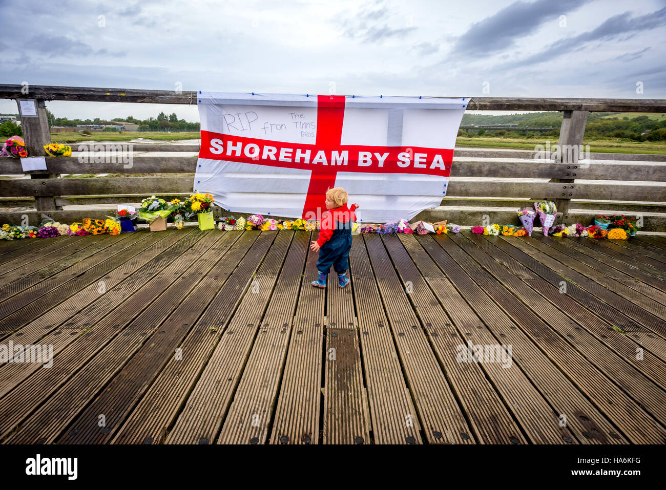 The scene on Shoreham Old Toll Bridge after the Shoreham air disaster ...