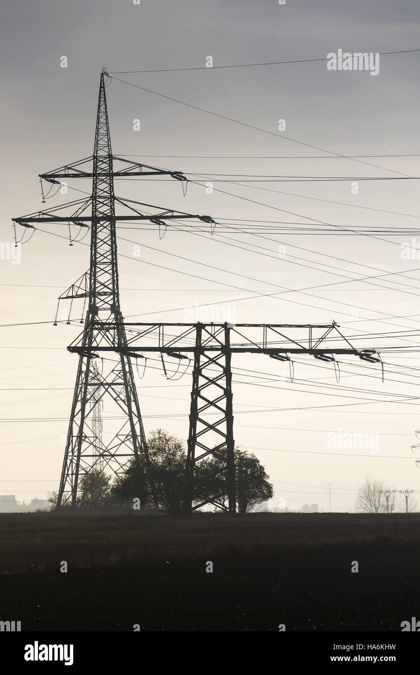 Distribution power station with electricity pylons Stock Photo - Alamy