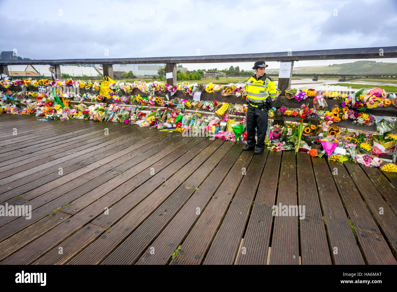The scene on Shoreham Old Toll Bridge after the Shoreham air disaster ...