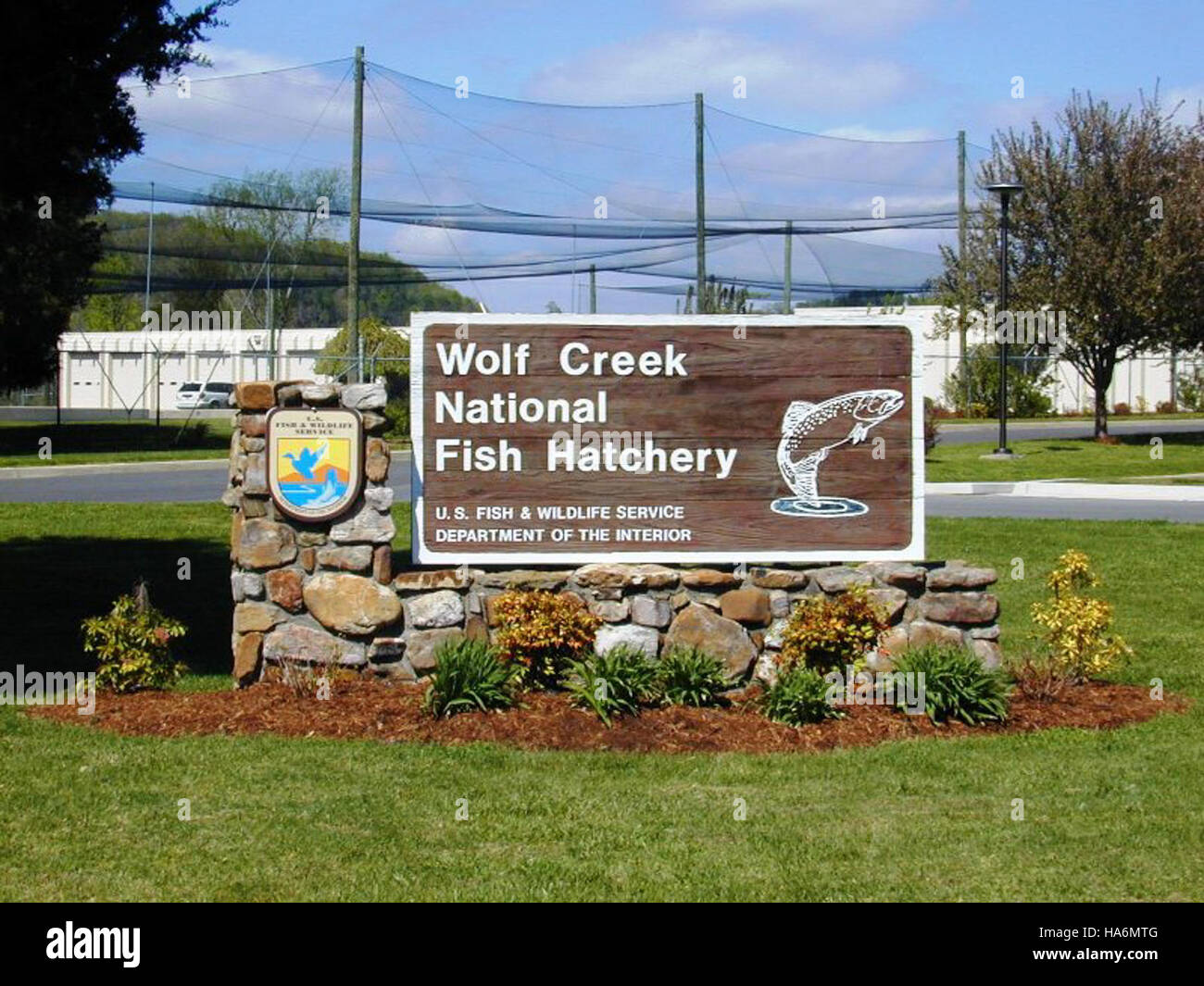 The entrance sign of Wolf Creek National Fish Hatchery in Kentucky, a ...