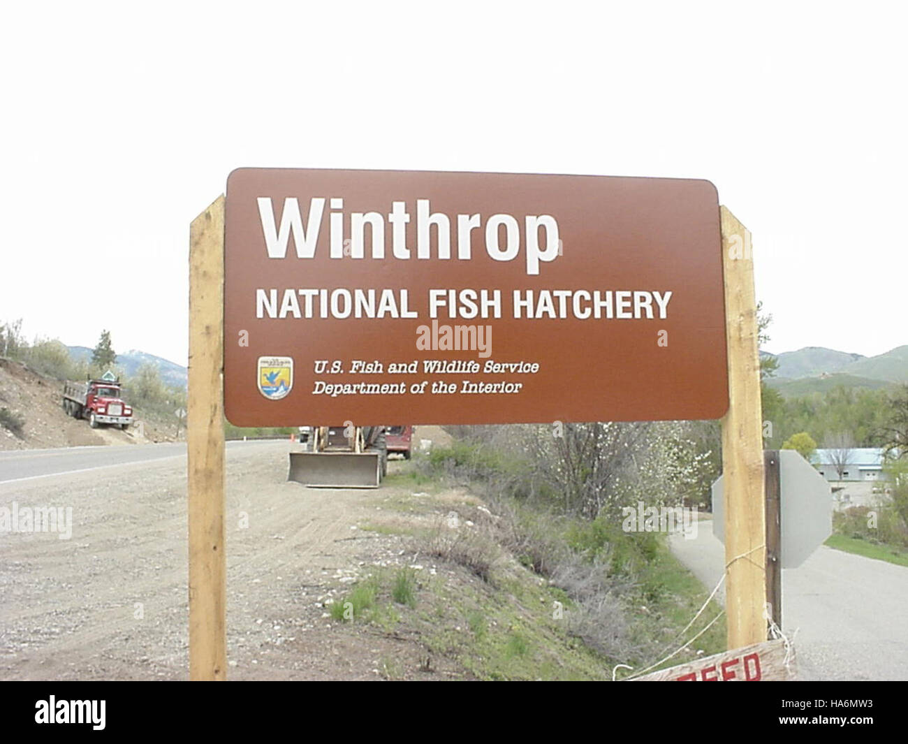 Entrance sign of Winthrop National Fish Hatchery, WA, highlighting its ...