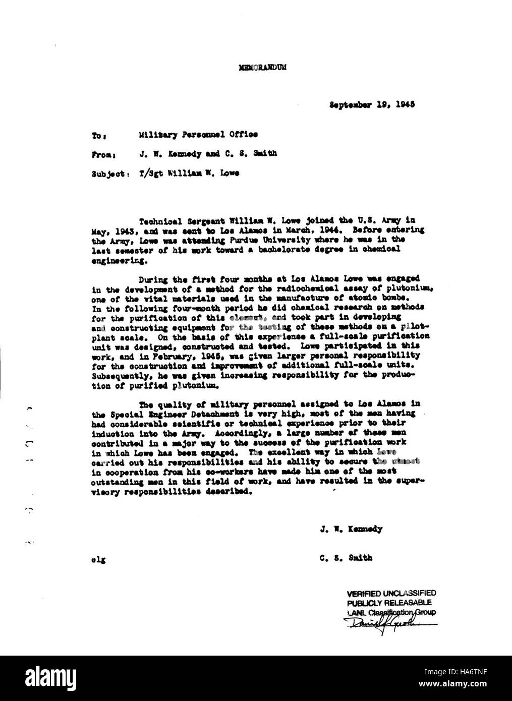 On September 19, 1945, Sergeant Lowe was commended for his service ...