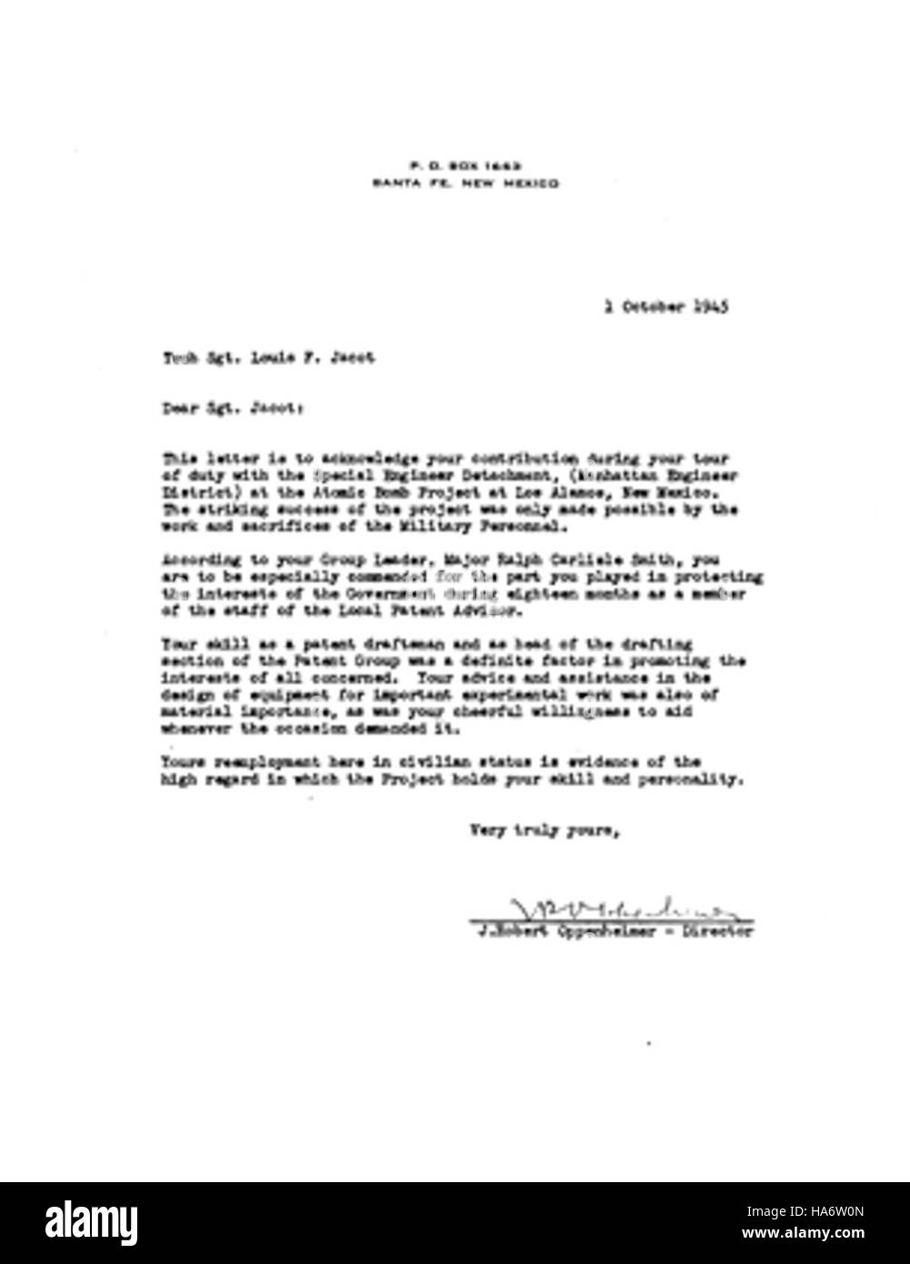A letter from J. Robert Oppenheimer to Jacques Jacot dated October 1 ...