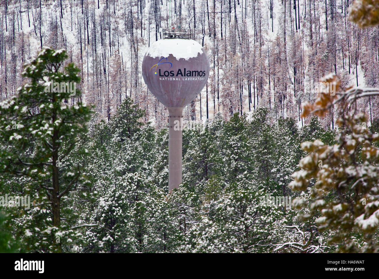 A snow-covered water tower in Los Alamos, New Mexico, after a snowfall ...