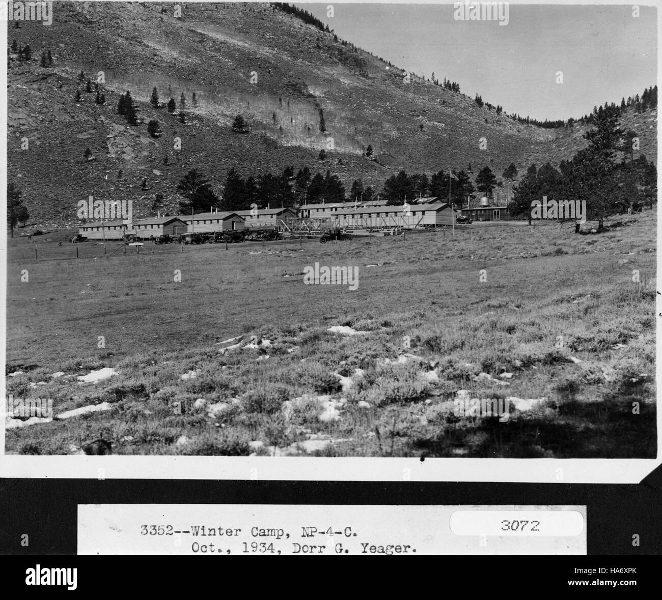 A historical photograph of a winter camp from the Civilian Conservation ...