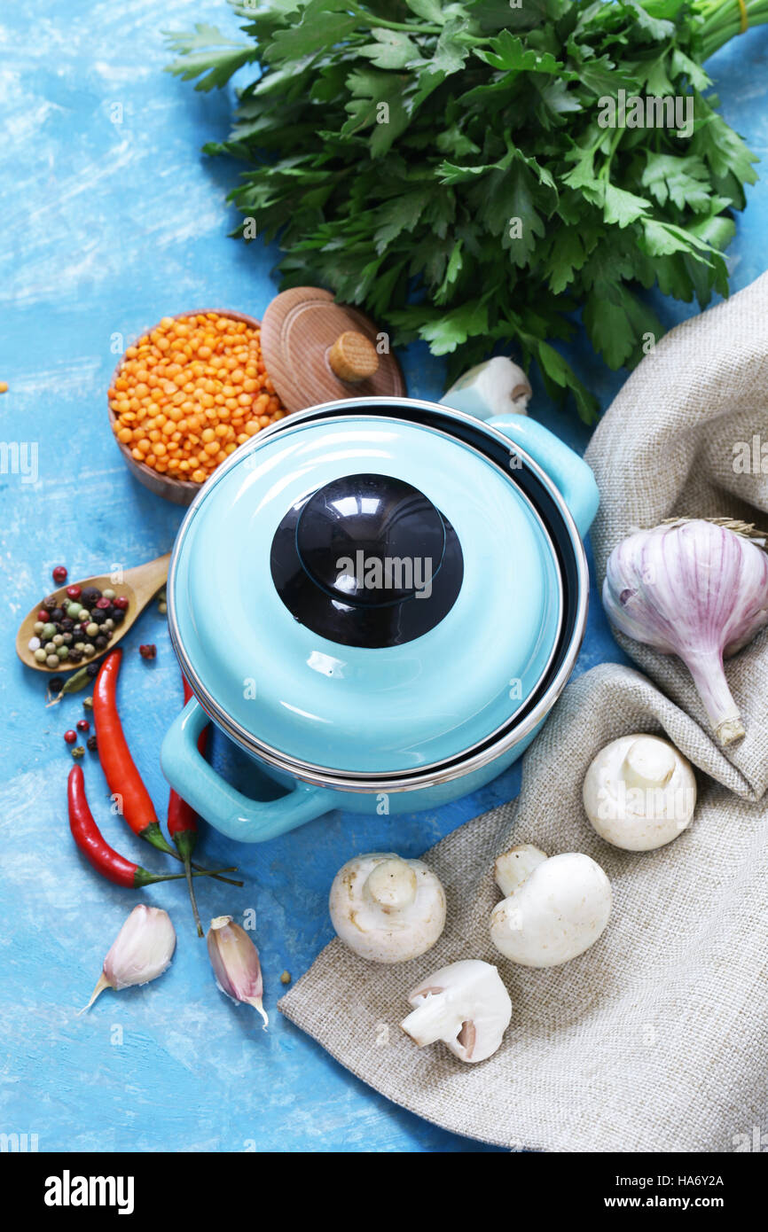 cooking pot and ingredients for soup or stew on rustic background Stock ...