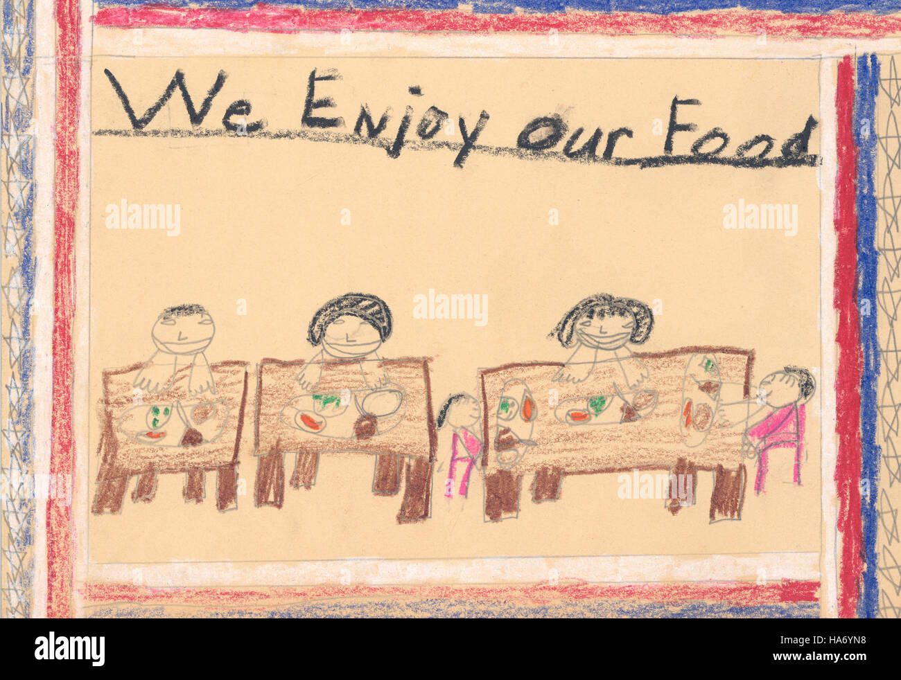 A child’s drawing from October 1966, titled 'We Enjoy Food,' was placed ...
