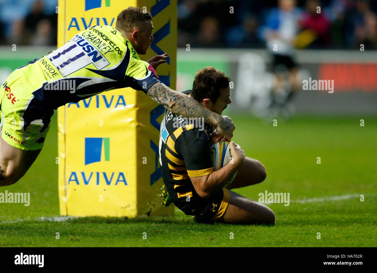 Wasps' Rob Miller scores their fourth try during the Aviva Premiership ...