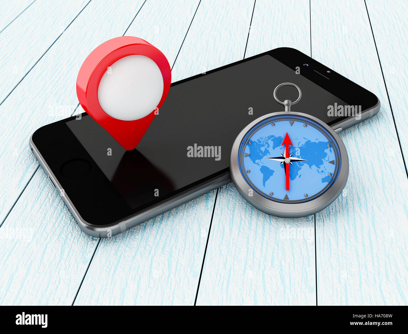 3D Illustration. Smartphone with map pointer and compass. Navigation ...