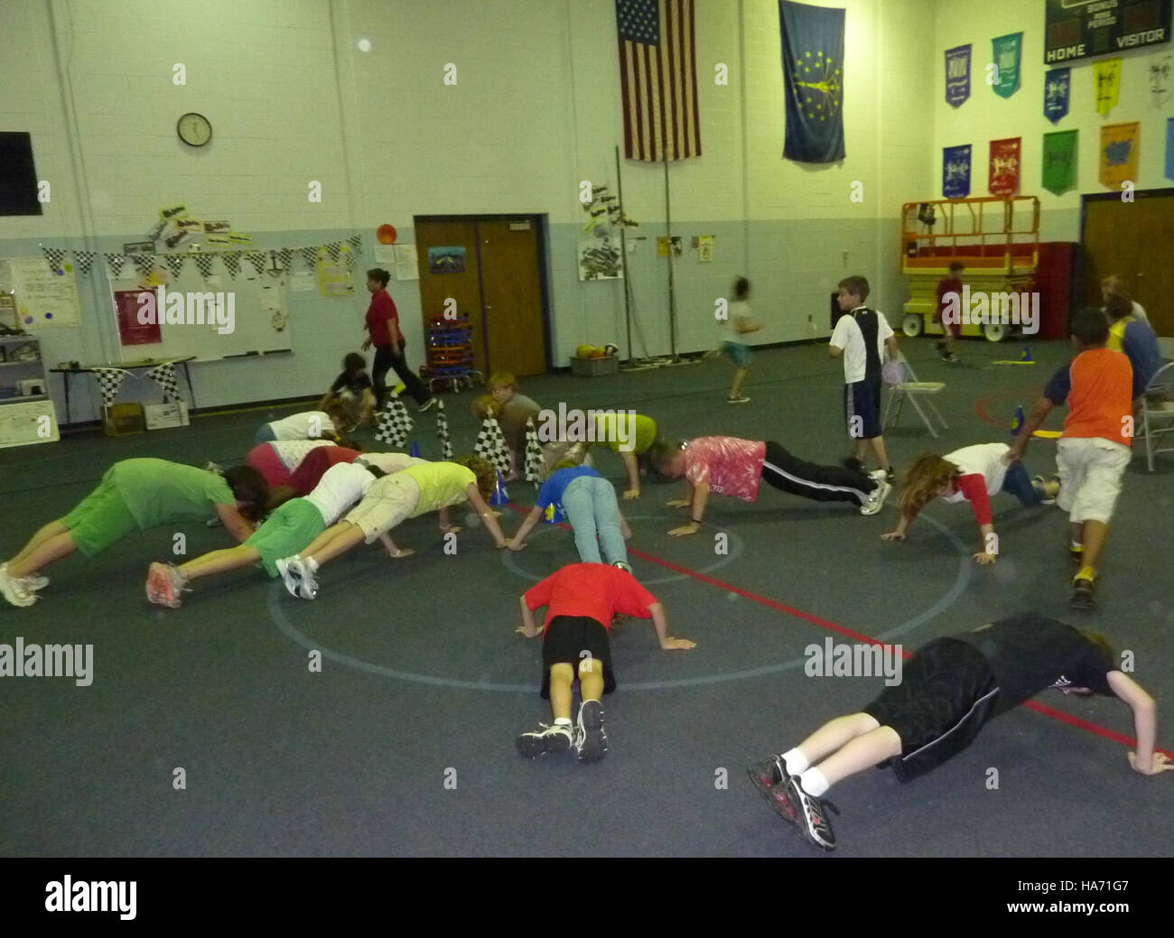 This image shows a gym class at Fishers Elementary School, where ...