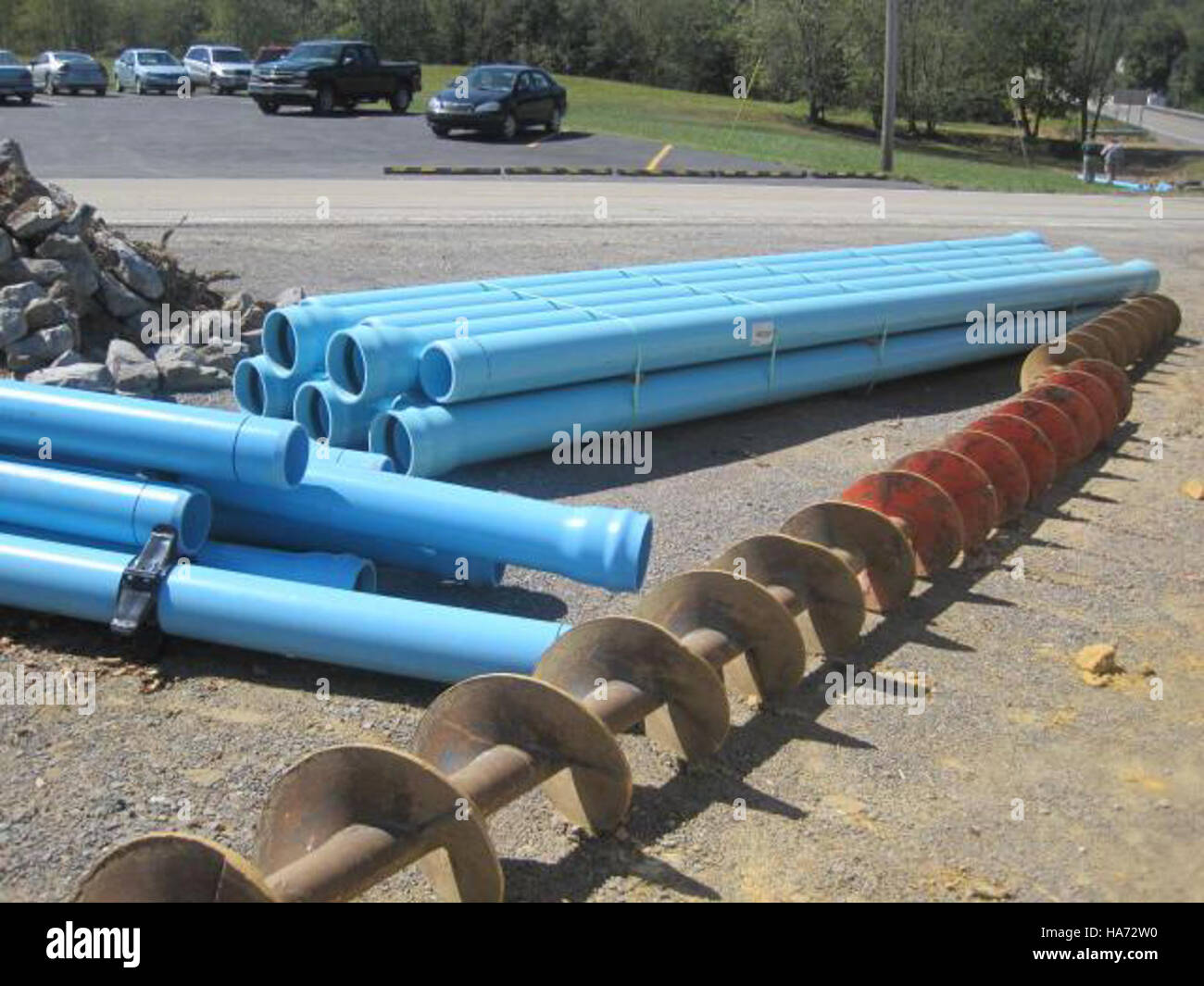 The image shows pipes slated for installation in Newburg, West Virginia ...