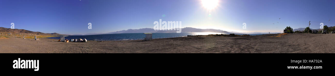 This panoramic image showcases the spike camp at Pyramid Lake, Nevada ...