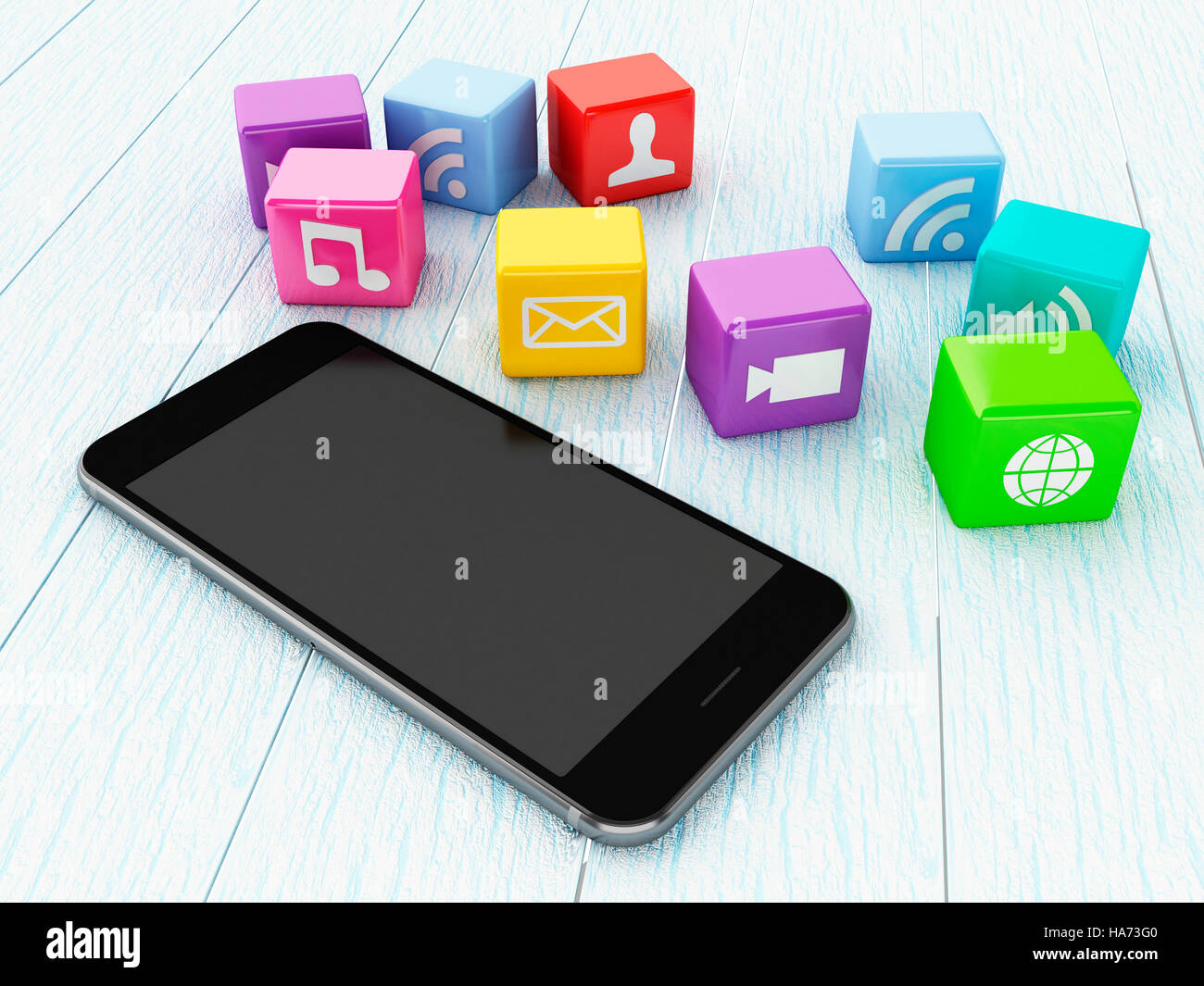 3D Illustration. Smartphone with App icons. Technology concept Stock ...