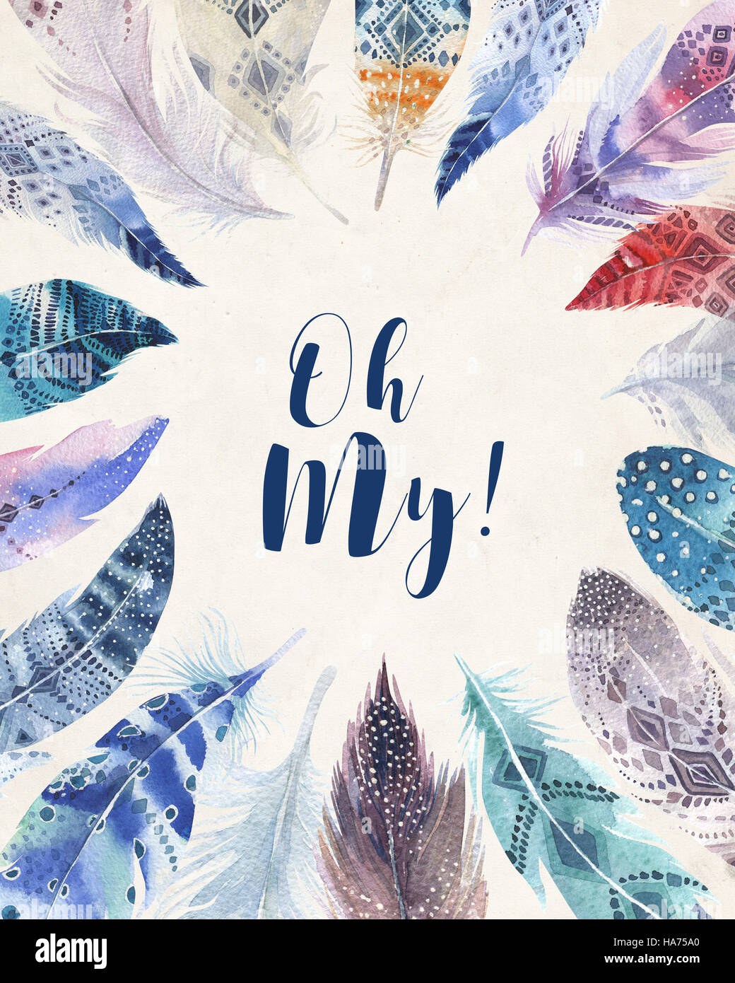 Hand drawn watercolor paintings vibrant feather background. Oh my text ...