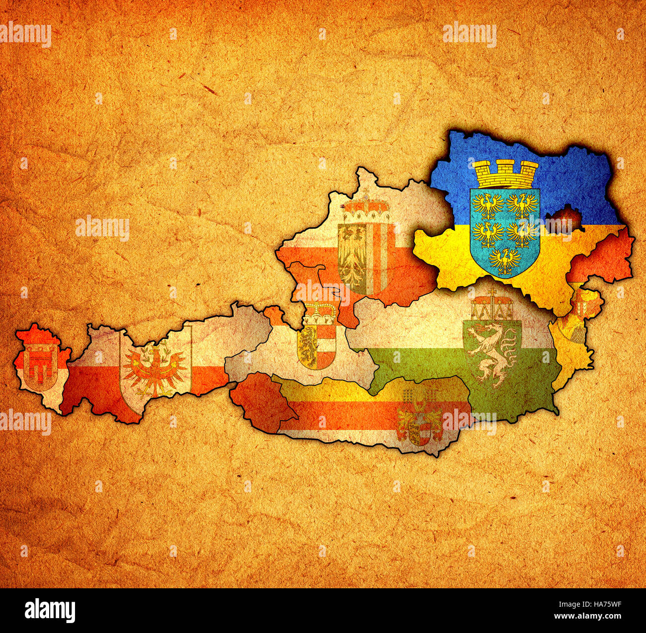 Lower Austria flag on map of austria with administrative divisions ...