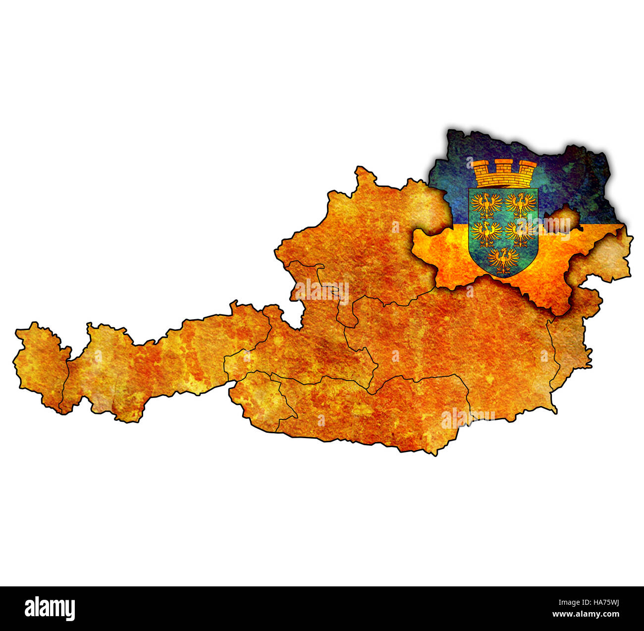 Lower Austria flag on map of austria with administrative divisions ...