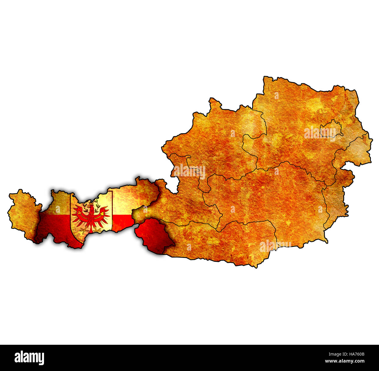 tirol flag on map of austria with administrative divisions Stock Photo ...