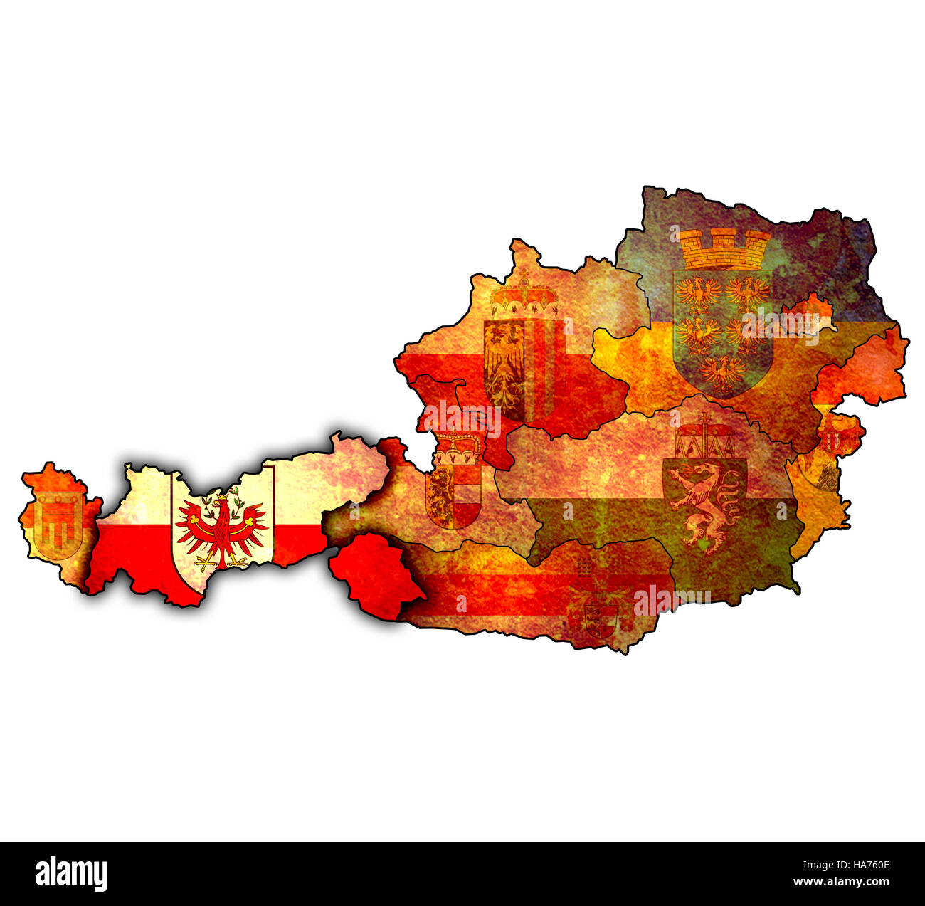 tirol flag on map of austria with administrative divisions Stock Photo ...