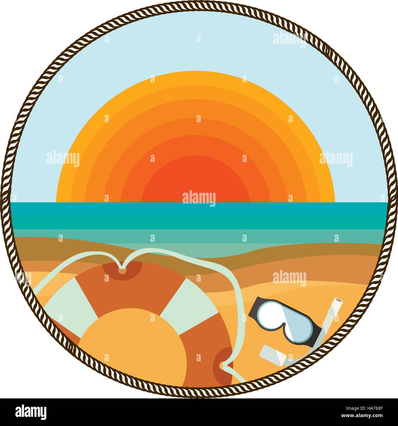 background sunset in beach with aquatic objects vector illustration ...
