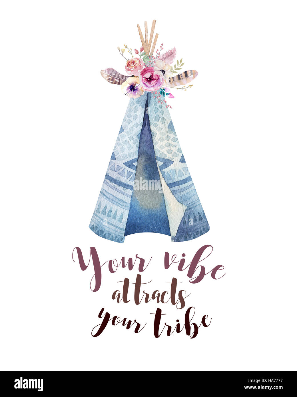Handdrawn watercolor tribal teepee, isolated white with quote. tent and ...