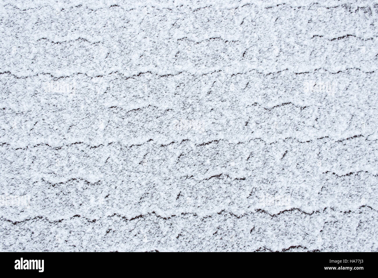 the first snow has covered paving slabs, flat lay. Hoarfrost on ...