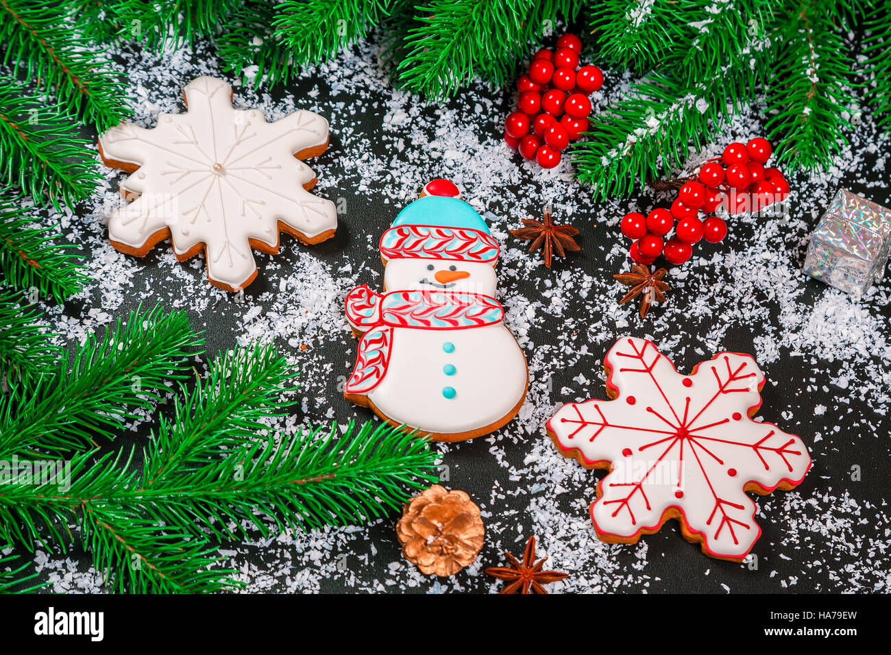 Beautiful Christmas background with decorations, pinecone, snow and ...