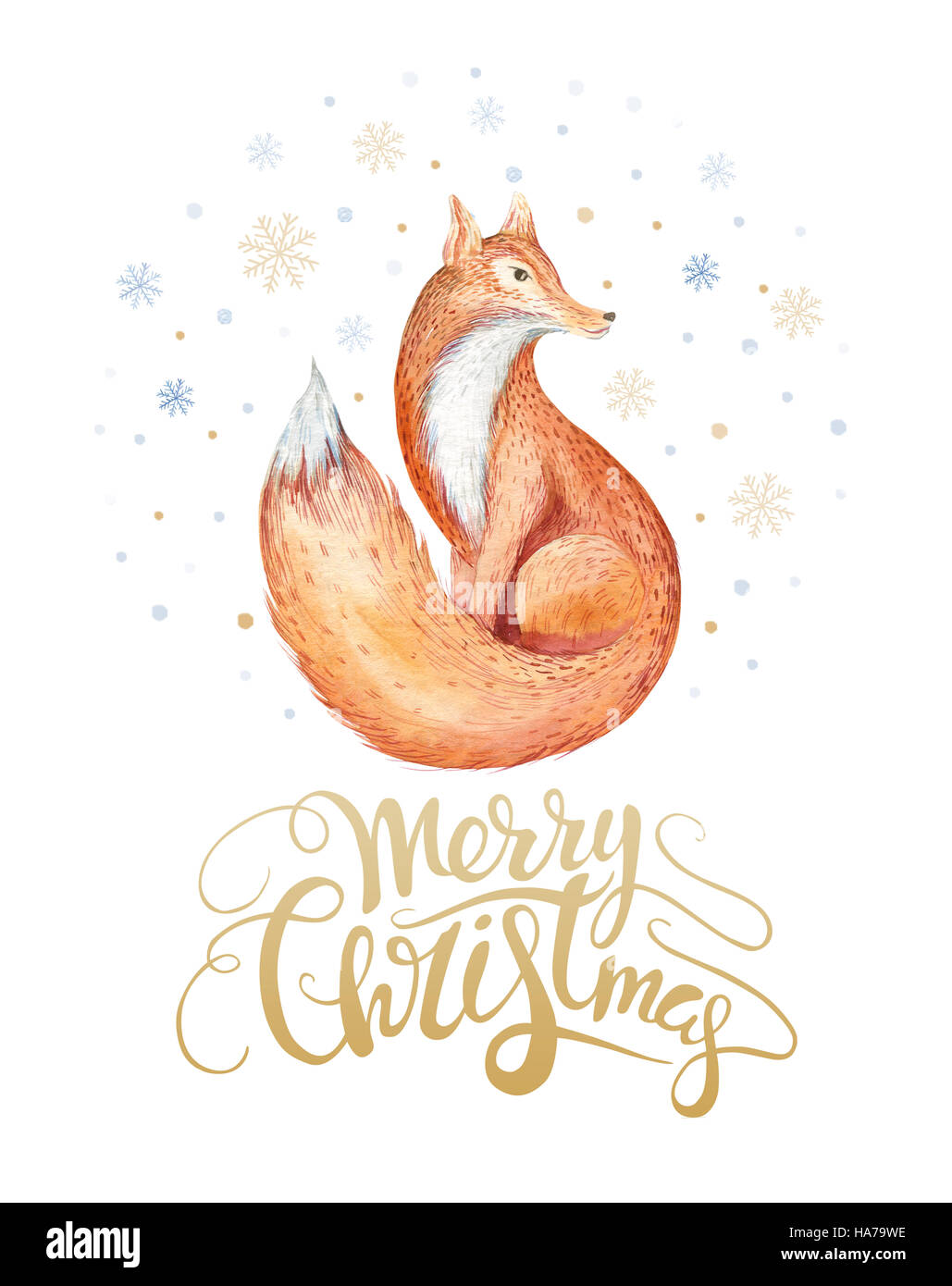 Merry Christmas watercolor lettering with watercolour fun fox Stock ...