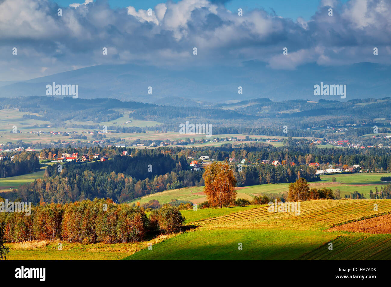 Poland autumn hills. Sunny October day in Malopolska mountain village ...