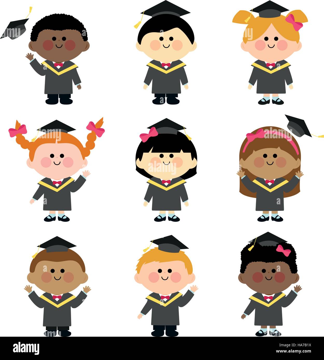 Set of boys and girls with graduation gowns and mortar board hats ...